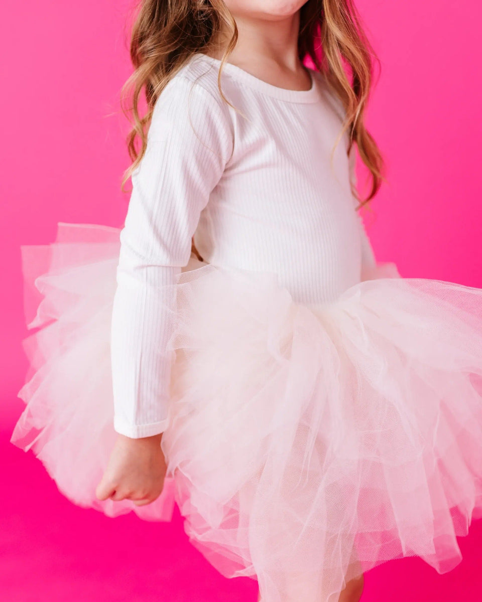 Ivory Ribbed Tulle Tutu Dress - Long Sleeves